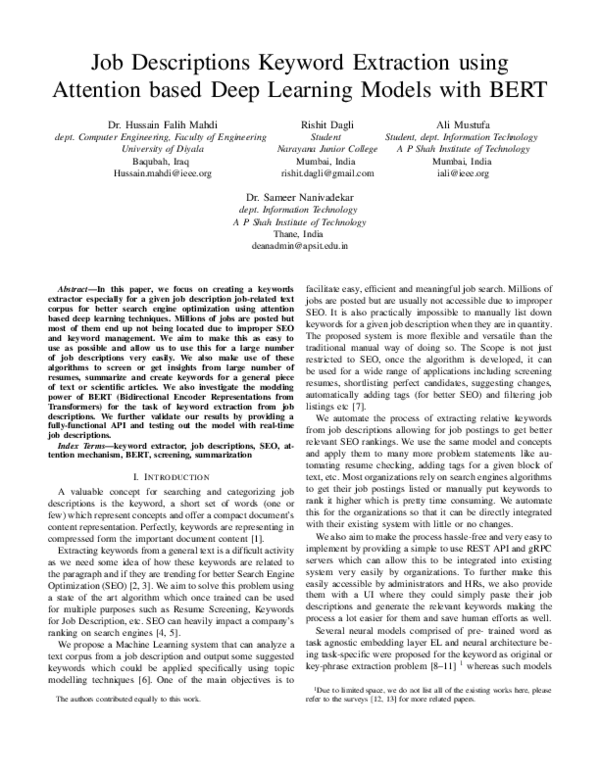 (PDF) Job Descriptions Keyword Extraction using Attention based Deep Learning Models with BERT