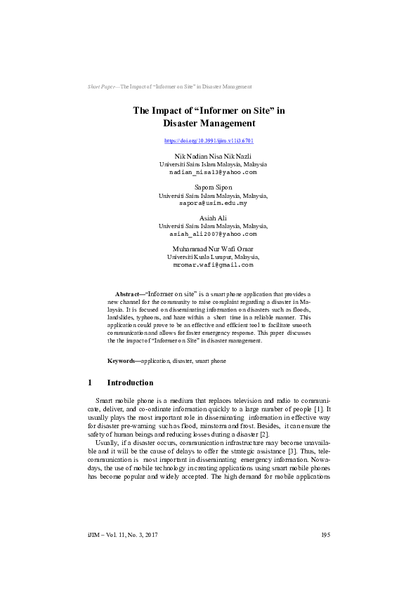 (PDF) The Impact of "Informer on Site" in Disaster Management | Asiah ...
