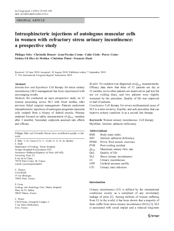 (PDF) Intrasphincteric injections of autologous muscular cells in women ...