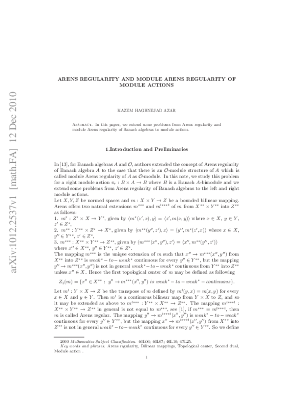 (PDF) Arens Regularity and Module Arens Regularity of Module Actions