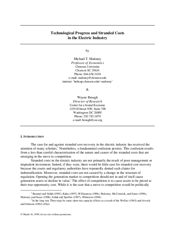 (PDF) Technological Progress and Stranded Costs in the Electric Industry