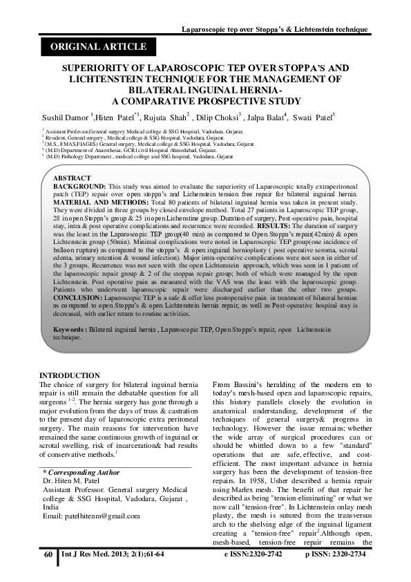 (PDF) Superiority of Laparoscopic Tep Over Stoppa ’ S and Lichtenstein Technique for the ...