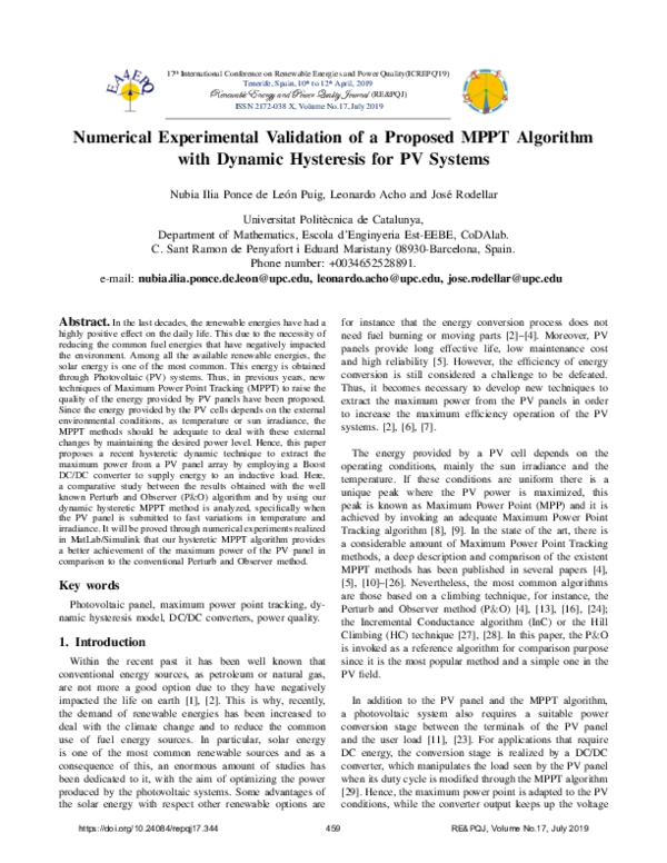 (PDF) Numerical Experimental Validation of a Proposed MPPT Algorithm with Dynamic Hysteresis for ...