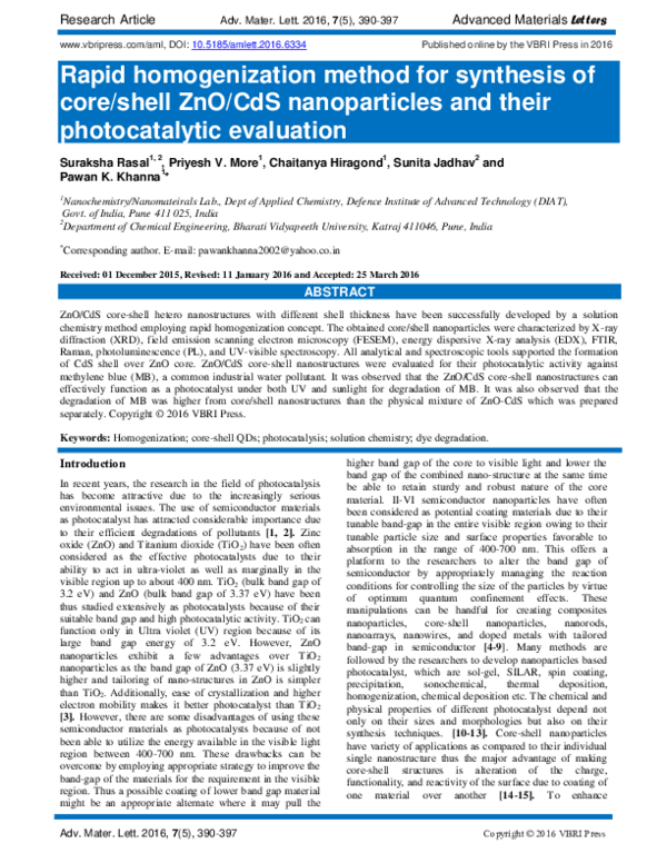 Pdf Synthesis And Photocatalytic Evaluation Of Zno Cds Nanoparticles