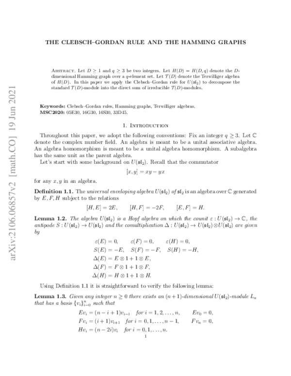 (PDF) The Clebsch--Gordan rule and the Hamming graphs