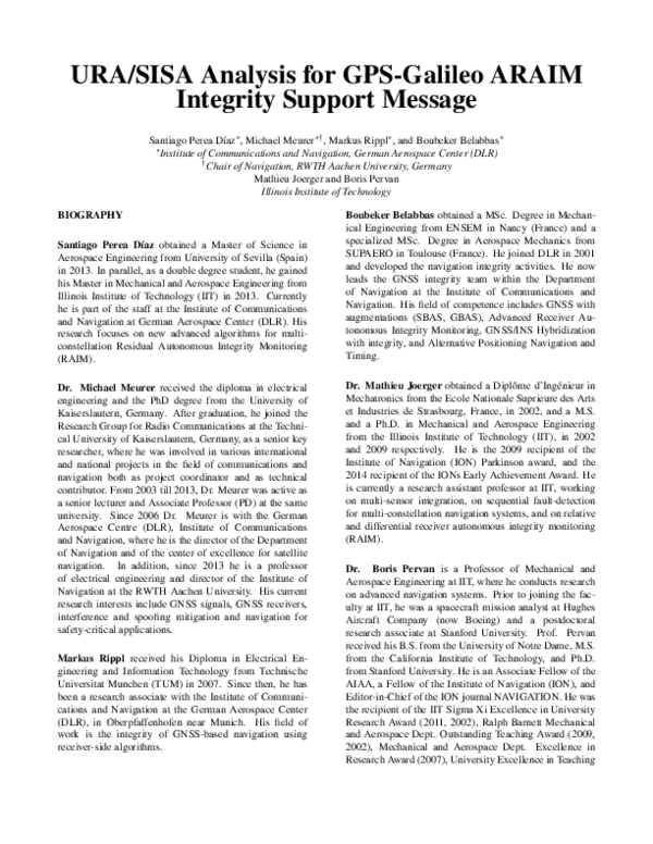 (PDF) URA/SISA Analysis for GPS-Galileo ARAIM Integrity Support Message
