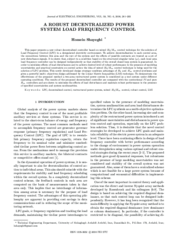 (PDF) A Robust Decentralized Power System Load Frequency Control