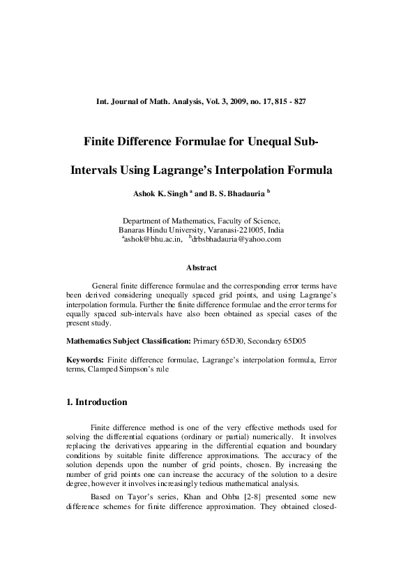 Pdf Finite Difference Formulae For Unequal Sub Intervals Using