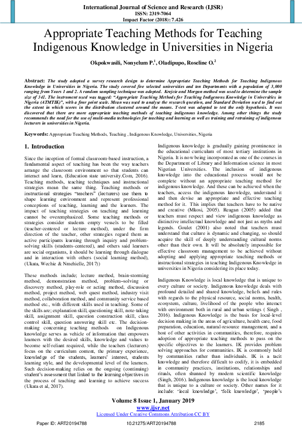 (PDF) Appropriate Teaching Methods for Teaching Indigenous Knowledge in ...