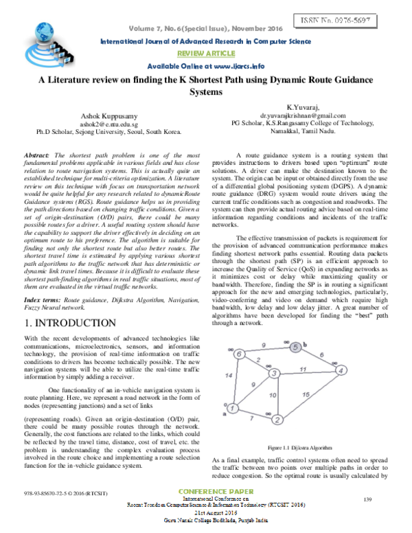 Pdf A Literature Review On Finding The K Shortest Path Using Dynamic Route Guidance Systems