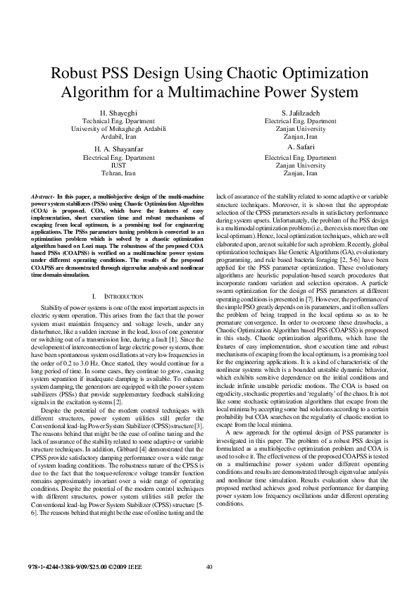 Pdf Robust Pss Design Using Chaotic Optimization Algorithm For A Multimachine Power System