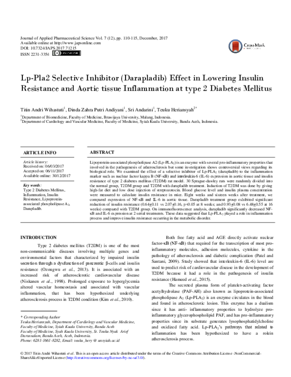 (PDF) Lp-Pla2 Selective Inhibitor (Darapladib) Effect in Lowering Insulin Resistance and Aortic ...