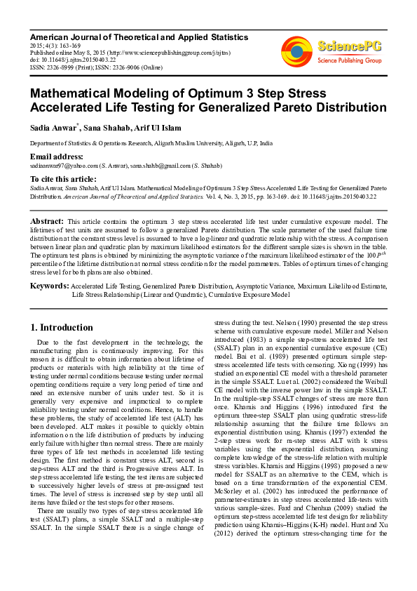 Pdf Mathematical Modeling Of Optimum 3 Step Stress Accelerated Life Testing For Generalized
