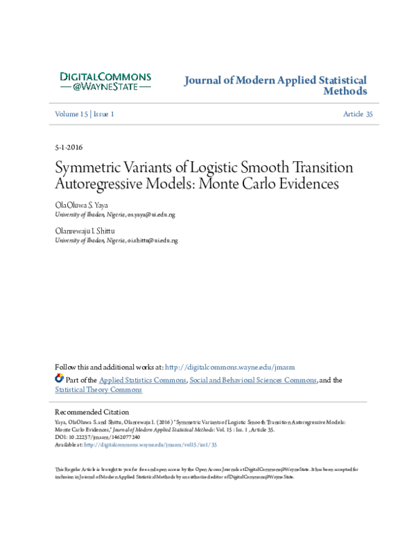 Pdf Symmetric Variants Of Logistic Smooth Transition Autoregressive Models Monte Carlo Evidences
