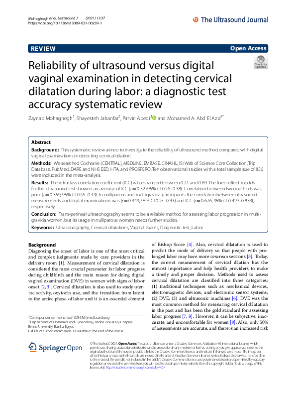(PDF) Reliability of ultrasound versus digital vaginal examination in ...