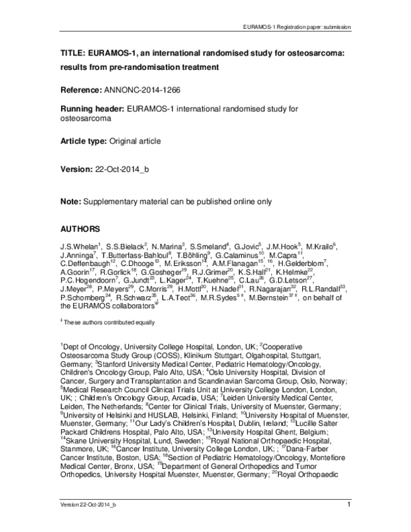 (PDF) EURAMOS-1, an international randomised study for osteosarcoma ...
