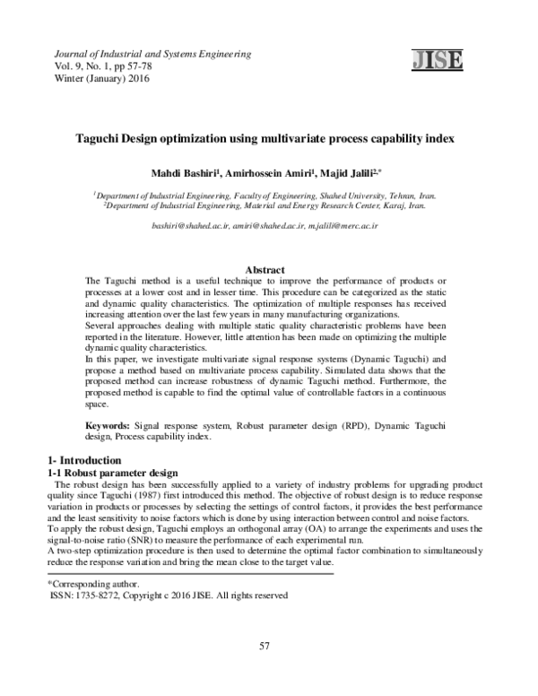 Pdf Taguchi Design Optimization Using Multivariate Process Capability