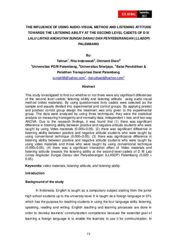 (PDF) The Influence of Using Audio-Visual Method and Listening Attitude Towards the Listening ...