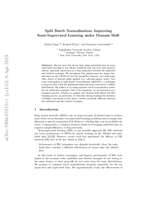 (PDF) Split Batch Normalization: Improving Semi-Supervised Learning under Domain Shift