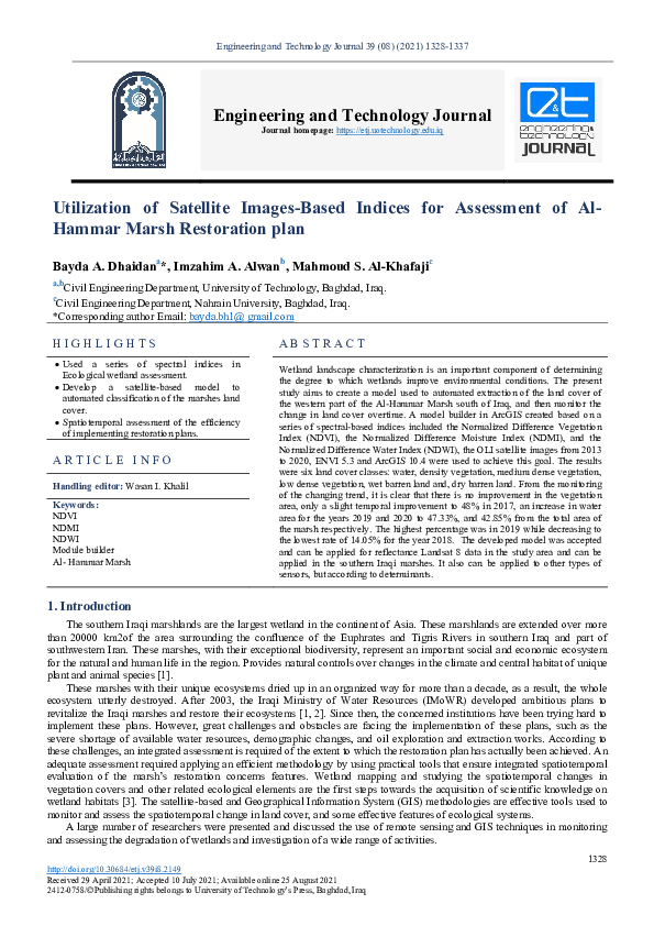 (PDF) Utilization of Satellite Images-Based Indices for Assessment of ...