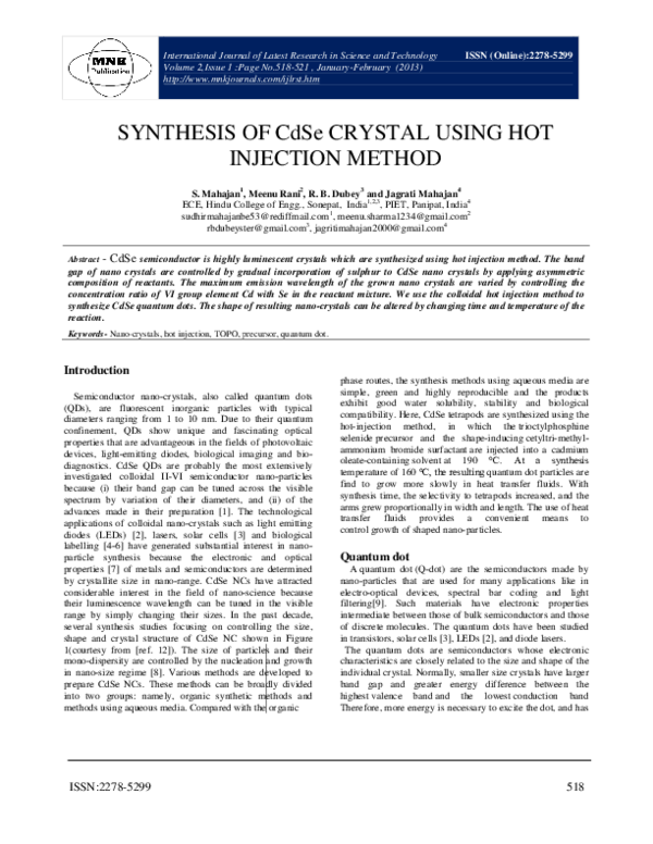 (PDF) SYNTHESIS OF CdSe CRYSTAL USING HOT INJECTION METHOD