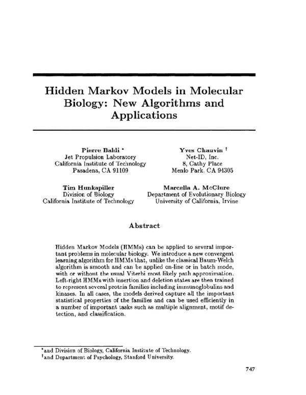 (PDF) Hidden Markov models in molecular biology: new algorithms and applications