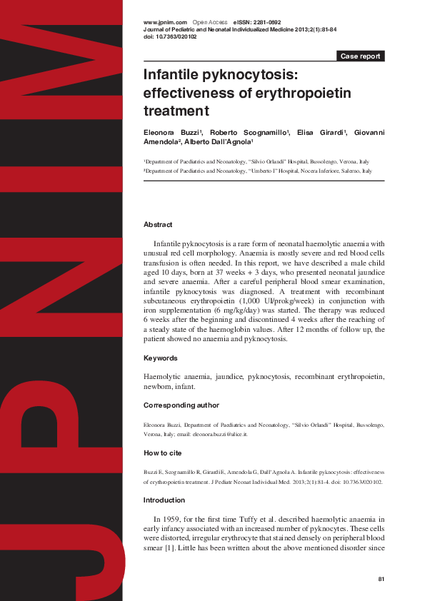 (PDF) Infantile pyknocytosis: effectiveness of erythropoietin treatment