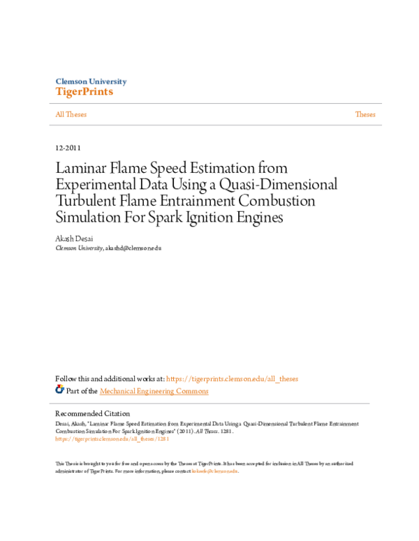 (PDF) Laminar Flame Speed Estimation from Experimental Data Using a Quasi-Dimensional Turbulent ...