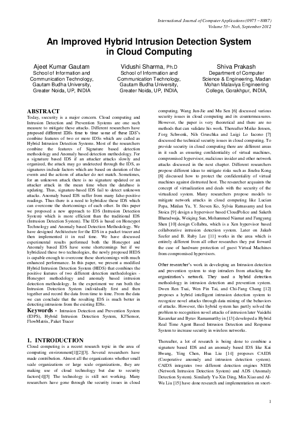 Pdf An Improved Hybrid Intrusion Detection System In Cloud Computing