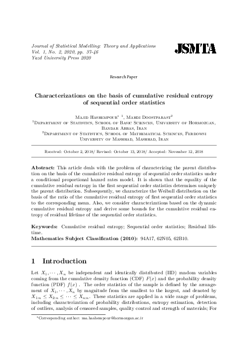 Pdf Characterizations On The Basis Of Cumulative Residual Entropy Of Sequential Order Statistics