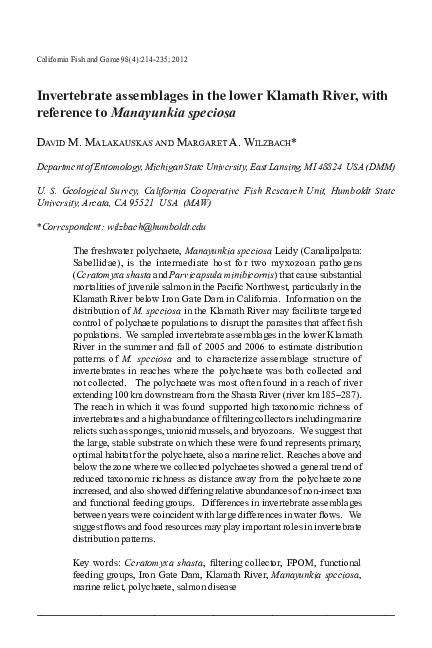 (PDF) Invertebrate assemblages in the lower Klamath River, with ...