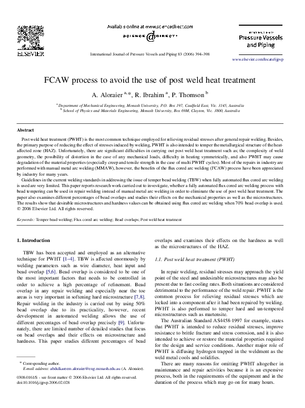(PDF) FCAW process to avoid the use of post weld heat treatment