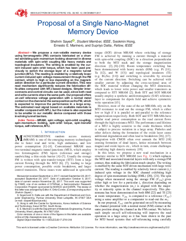 (PDF) Proposal of a Single Nano-Magnet Memory Device