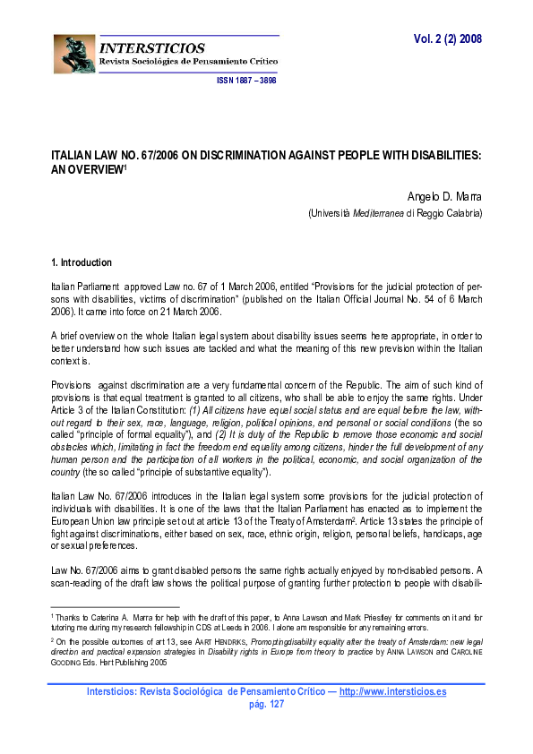 (PDF) Italian Law No. 67/2006 on Discrimination Against People with ...