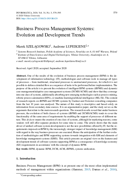 (PDF) Business Process Management Systems: Evolution and Development Trends