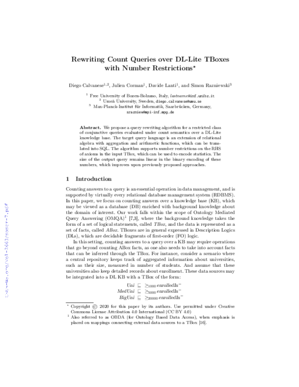 (PDF) Rewriting Count Queries over DL-Lite TBoxes with Number Restrictions | Davide Lanti ...