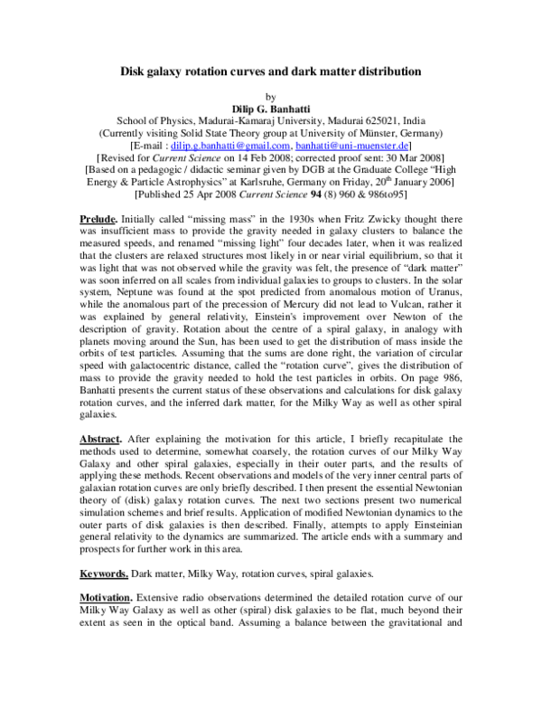 (PDF) Disk galaxy rotation curves and dark matter distribution