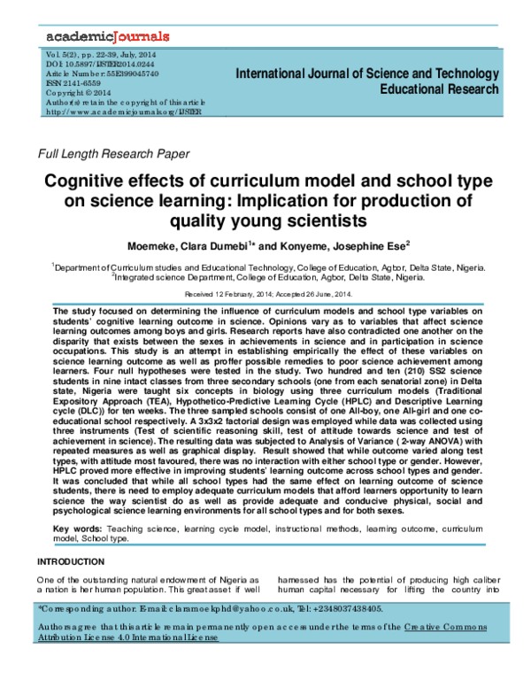 (PDF) Cognitive effects of curriculum model and school type on science ...