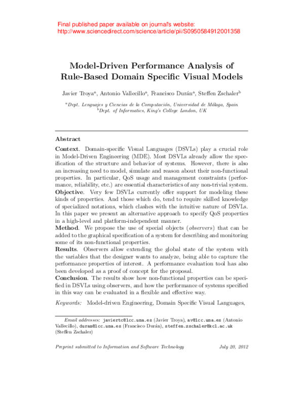 Model Driven Performance Analysis Of Rule Based Domain Specific Visual
