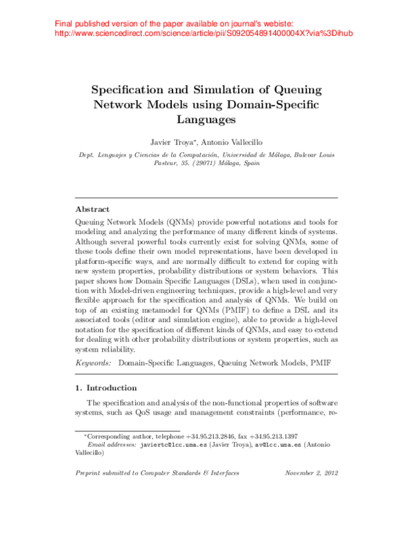 Pdf Specification And Simulation Of Queuing Network Models Using Domain Specific Languages