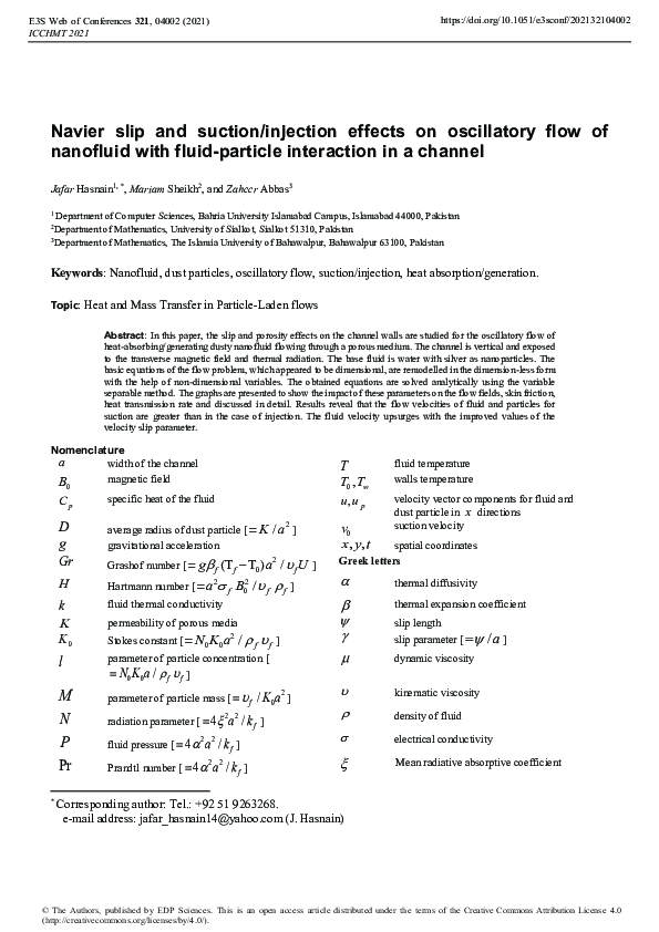 Pdf Navier Slip And Suction Injection Effects On Oscillatory Flow Of