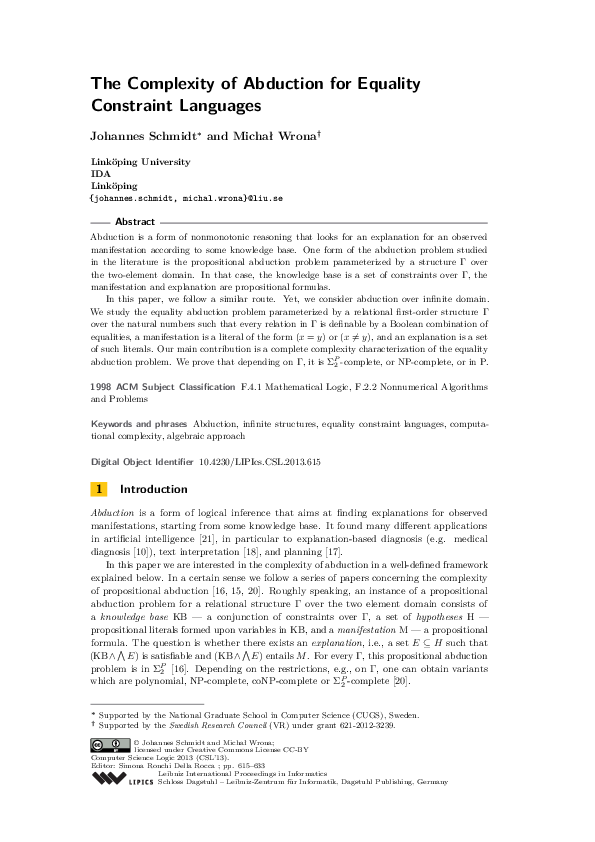 Pdf The Complexity Of Abduction For Equality Constraint Languages