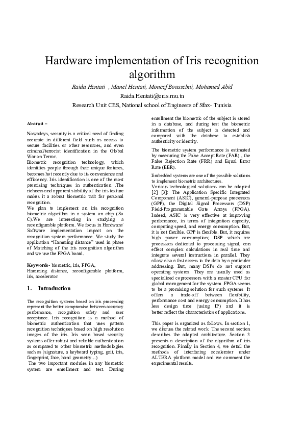 (PDF) Hardware implementation of Iris recognition algorithm | Moncef Bousselmi - Academia.edu
