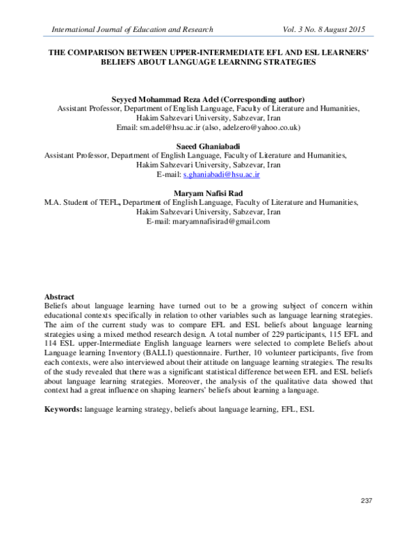 (PDF) The Comparison Between Upper-Intermediate Efl and Esl Learners ...