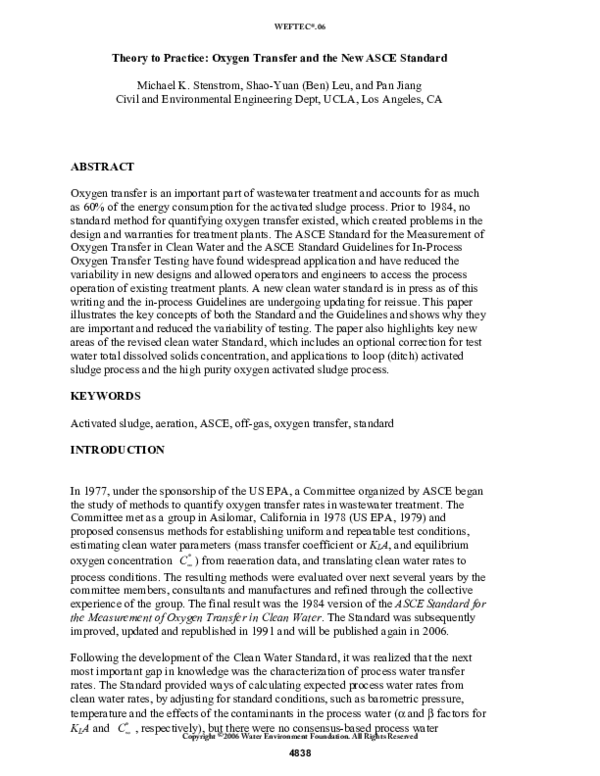 (PDF) Theory to Practice: Oxygen Transfer and the New ASCE Standard