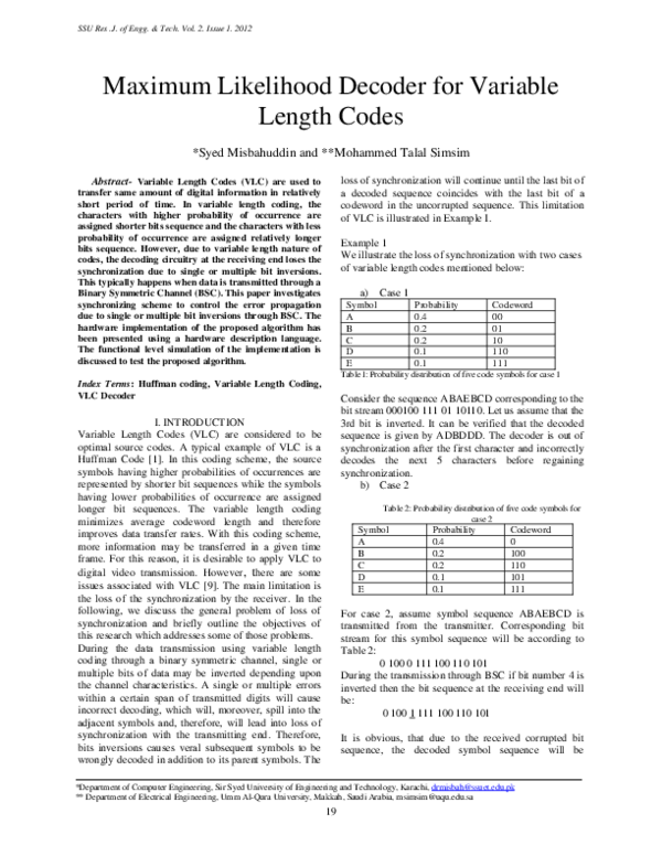 (PDF) Maximum Likelihood Decoder for Variable Length Codes