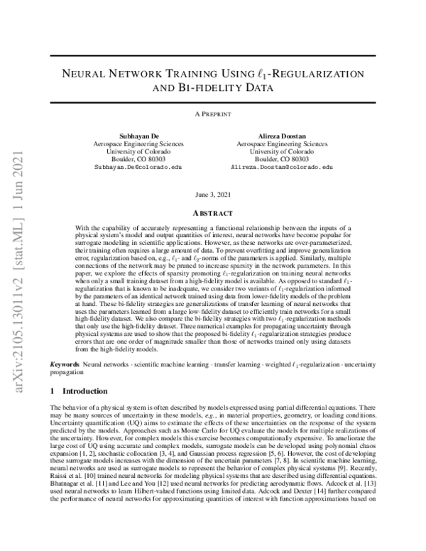 (PDF) Neural Network Training Using 𝓁1-Regularization and Bi-fidelity Data