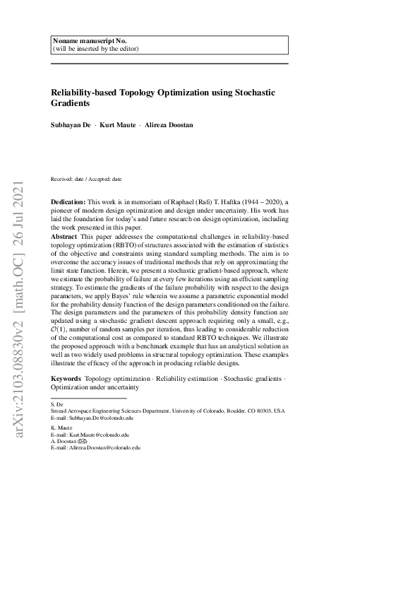 Pdf Reliability Based Topology Optimization Using Stochastic Gradients