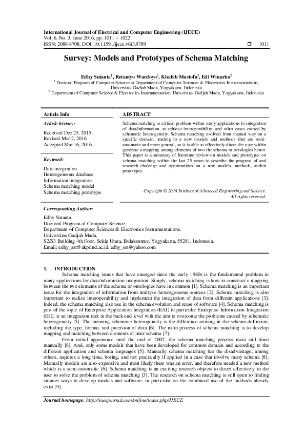 Pdf Survey Models And Prototypes Of Schema Matching Retantyo Wardoyo 