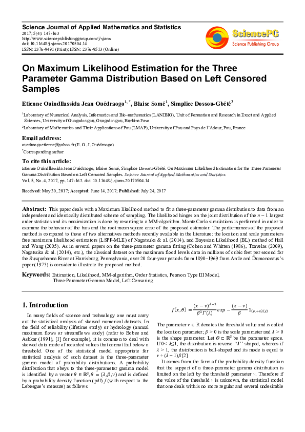 Pdf On Maximum Likelihood Estimation For The Three Parameter Gamma Distribution Based On Left